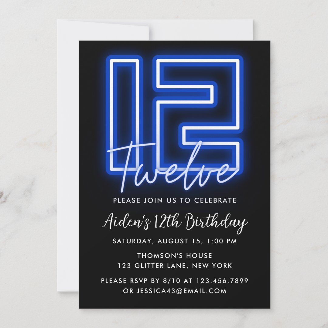Neon Blue 12th Birthday Invitation | Zazzle