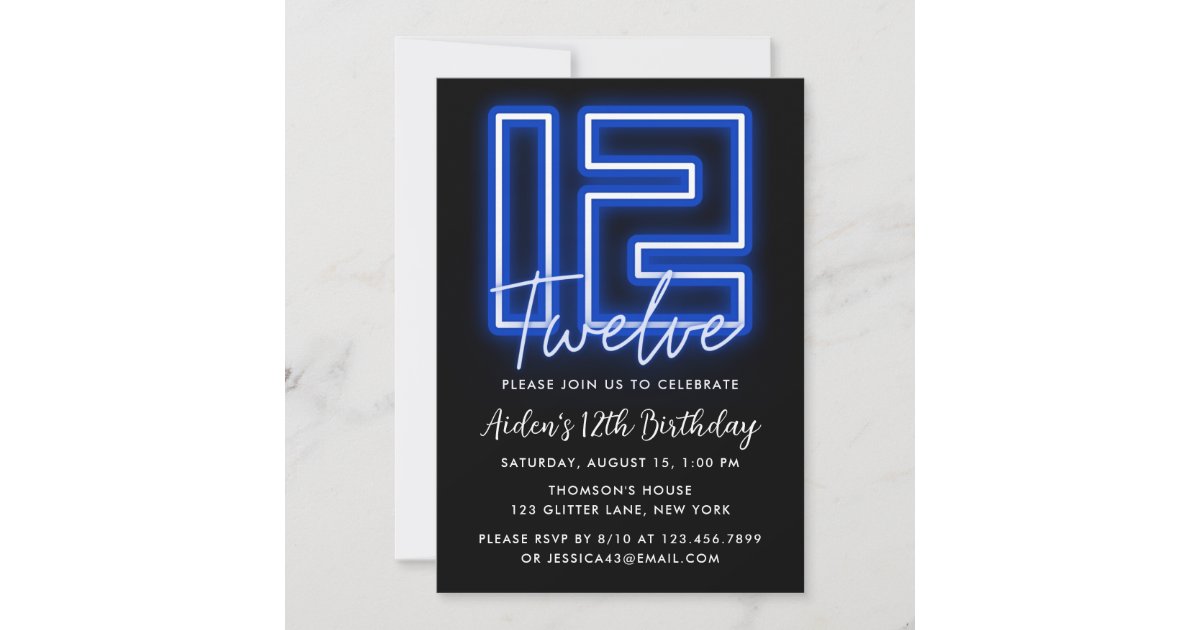 Neon Blue 12th Birthday Invitation | Zazzle