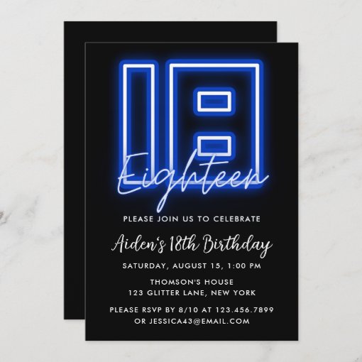 Neon Blue 18th Birthday Invitation | Zazzle