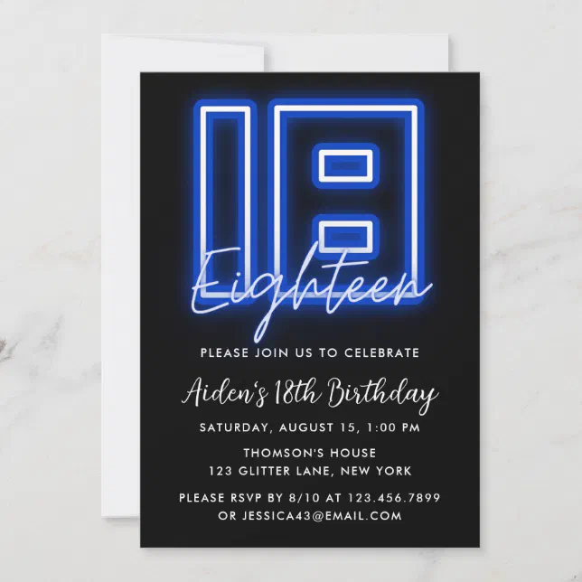 Neon Blue 18th Birthday Invitation | Zazzle