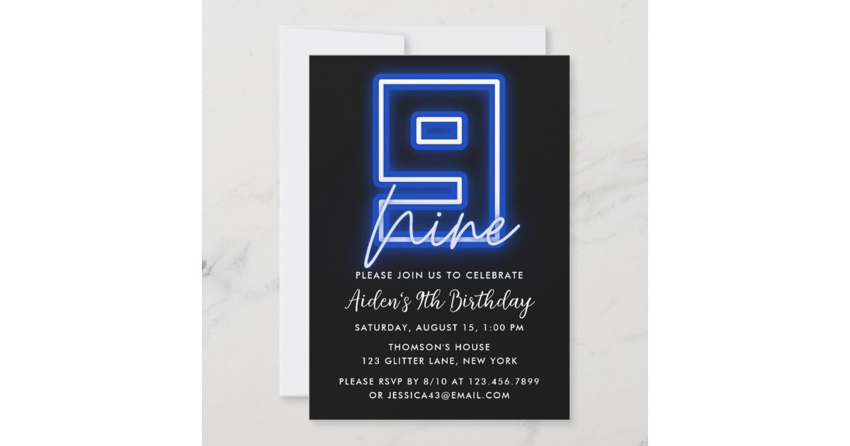 Neon Blue 9th Birthday Invitation | Zazzle
