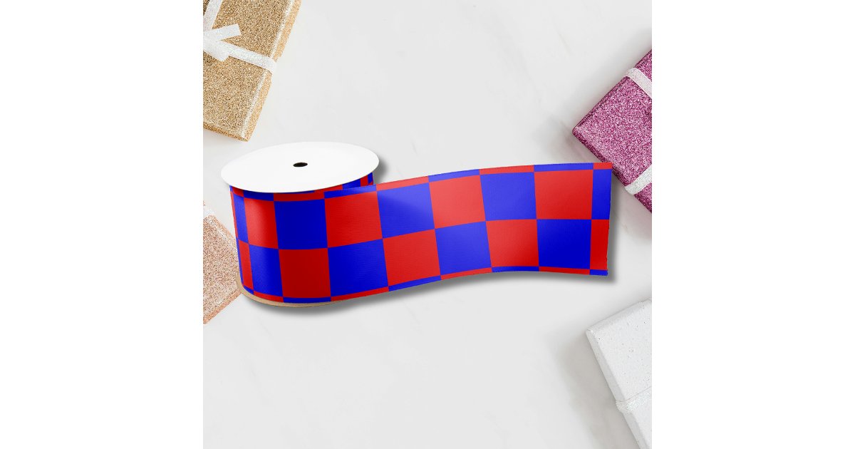 Neon Blue and Red Checkered Checkerboard Vintage Satin Ribbon | Zazzle