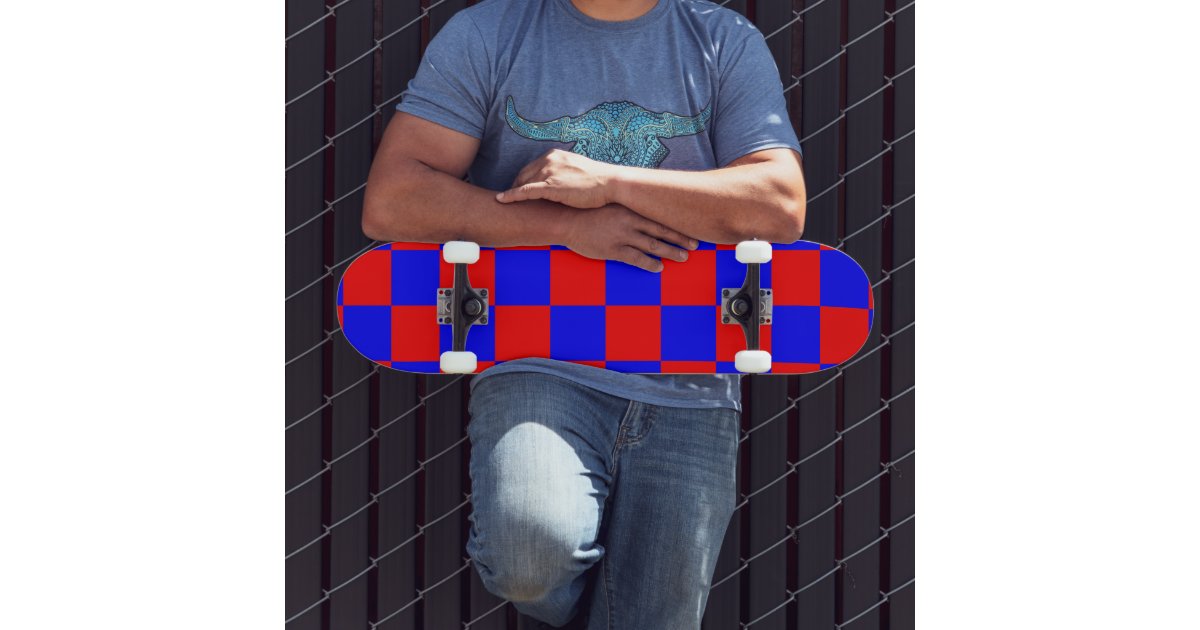 Neon Blue and Red Checkered Checkerboard Vintage Skateboard | Zazzle