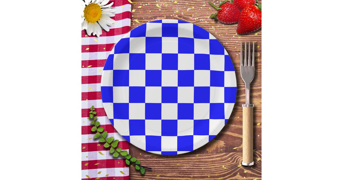 Neon Blue and White Checkered Checkerboard Vintage Paper Plates | Zazzle