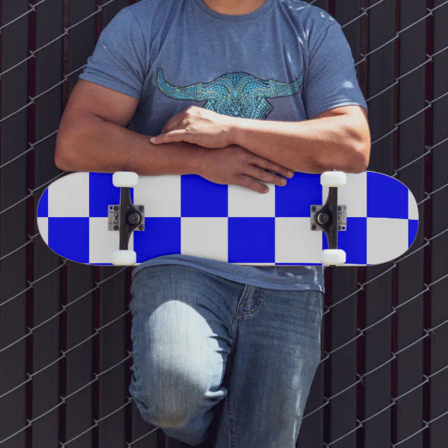 Neon Blue and White Checkered Checkerboard Vintage Skateboard | Zazzle