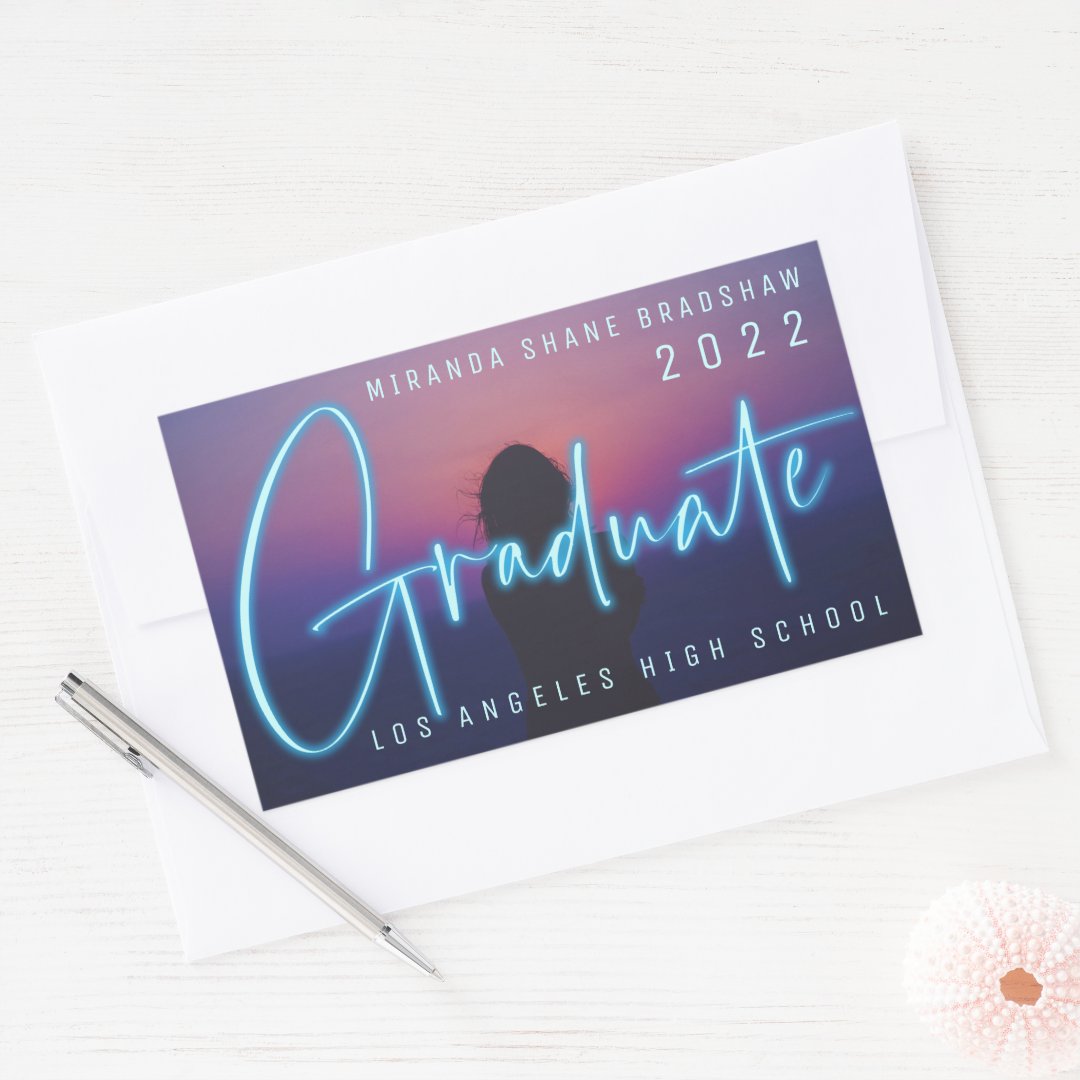 Neon Blue Graduate Photo Rectangular Sticker | Zazzle