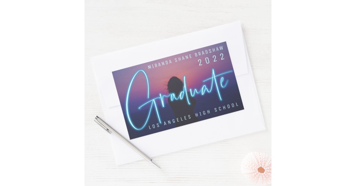 Neon Blue Graduate Photo Rectangular Sticker | Zazzle