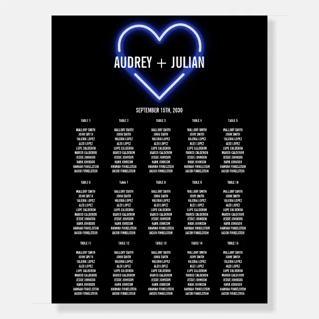 Neon Blue Heart Wedding Seating Chart Foam Board | Zazzle