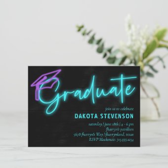 Neon Blue Light Glow | Modern Retro Graduation Invitation | Zazzle