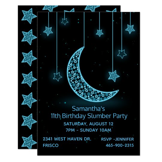 Neon Blue Moon and Stars Birthday Party Invitation | Zazzle.com