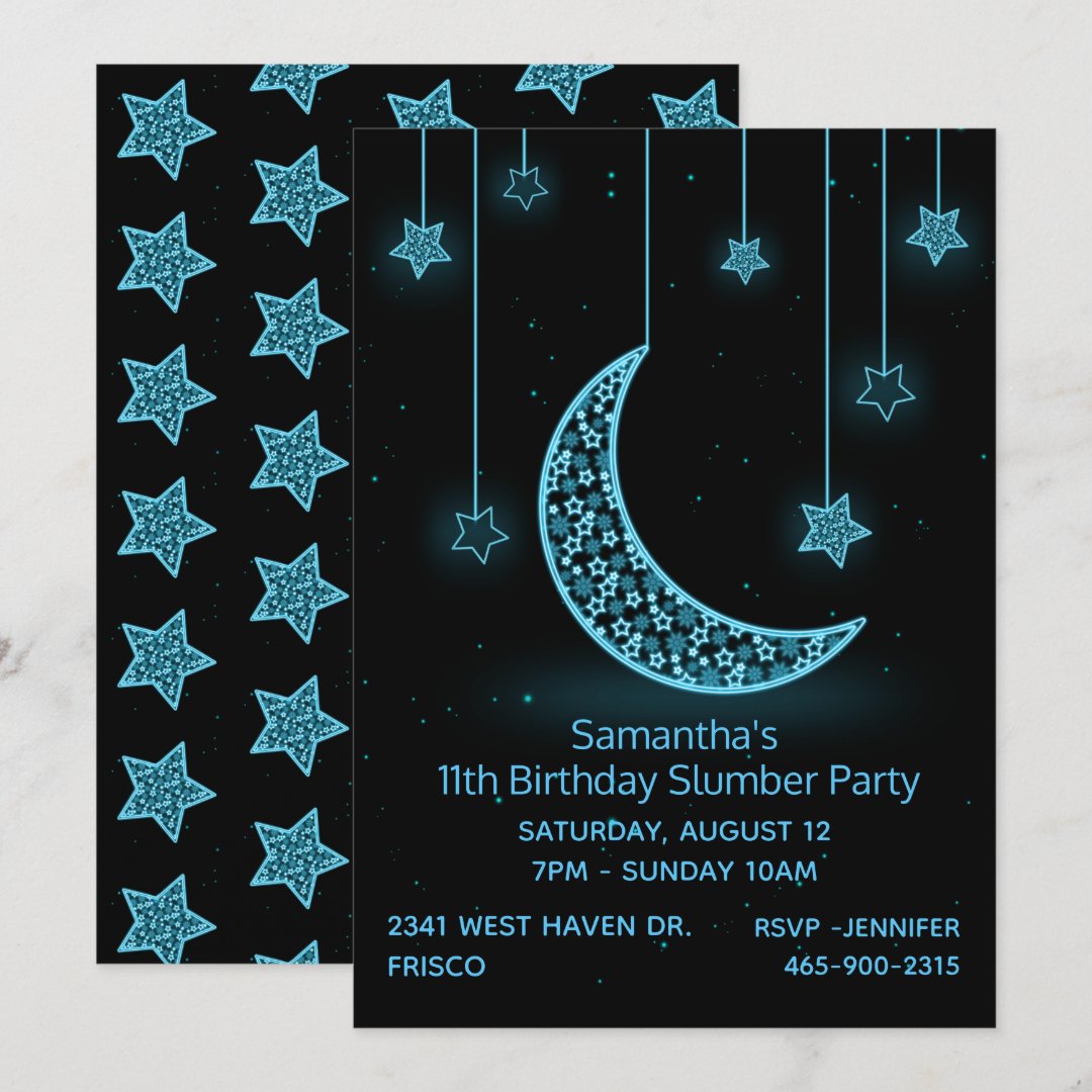 Neon Blue Moon and Stars Birthday Party Invitation | Zazzle