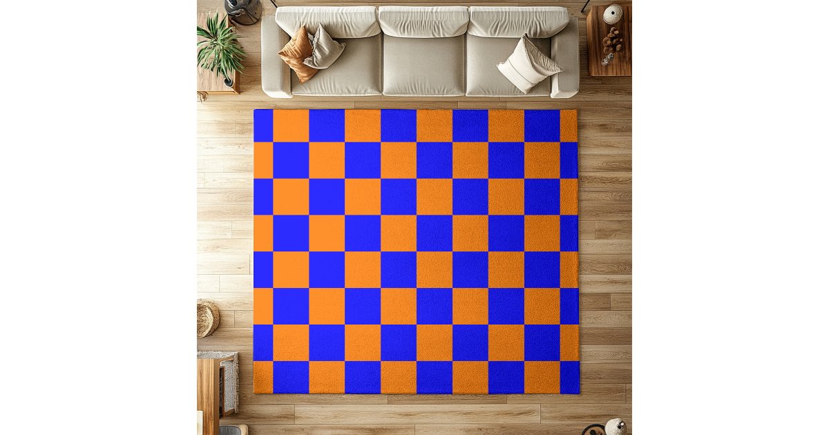 Neon Blue Orange Checkered Checkerboard Vintage Rug | Zazzle
