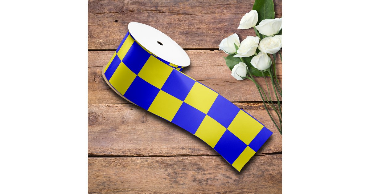 Neon Blue Yellow Checkered Checkerboard Vintage Satin Ribbon | Zazzle