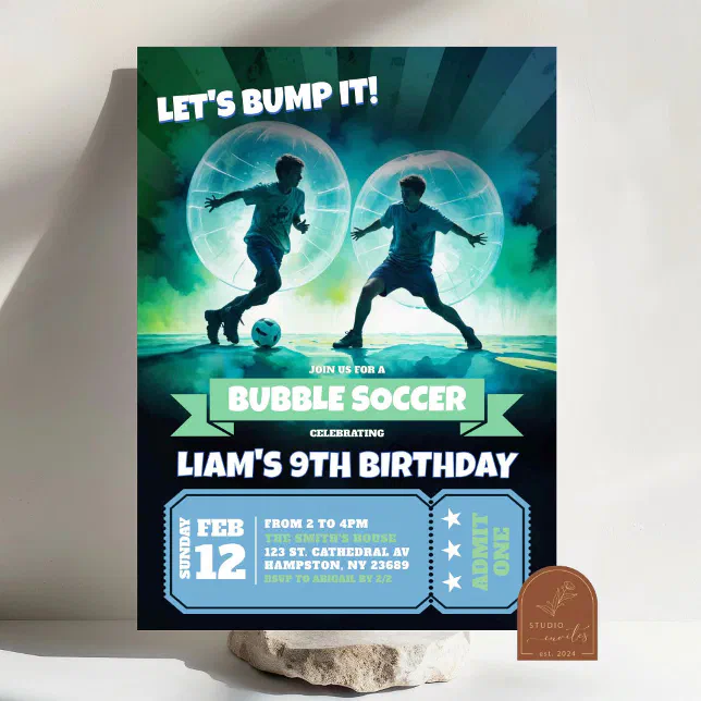 Neon Bubble Soccer Knocker Ball Birthday Bash Invitation | Zazzle