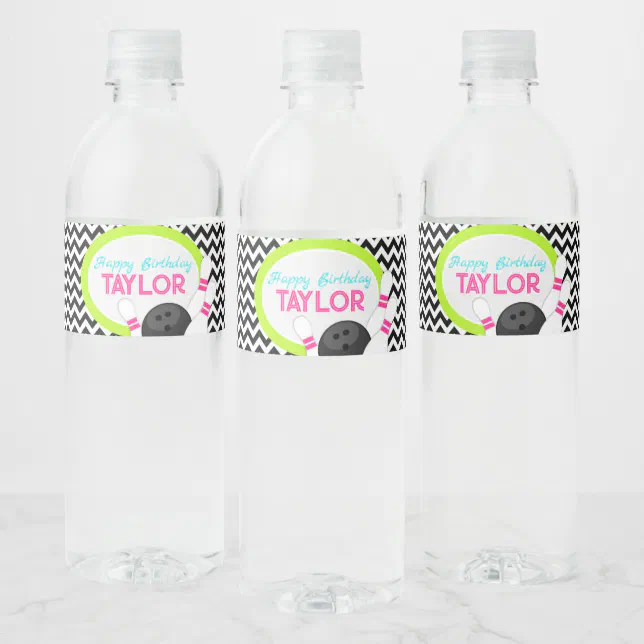 Neon Chevron Bowling Birthday Water Bottle Labels | Zazzle