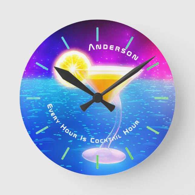 Neon COCKTAIL Hour Tropical Personalized Wall Round Clock | Zazzle
