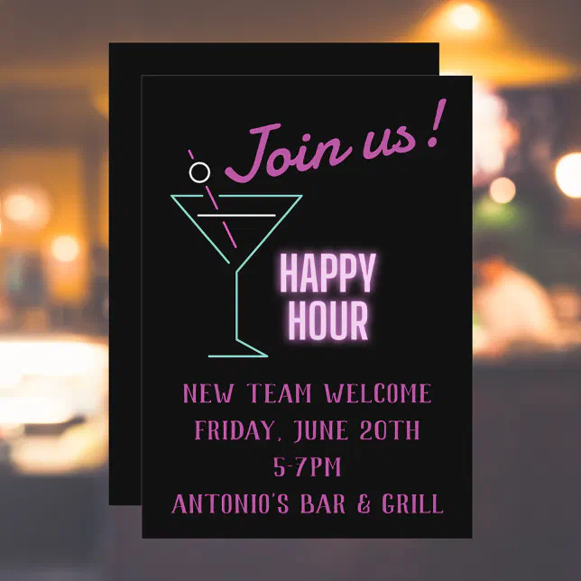 Neon Cocktails Happy Hour Invitations | Zazzle