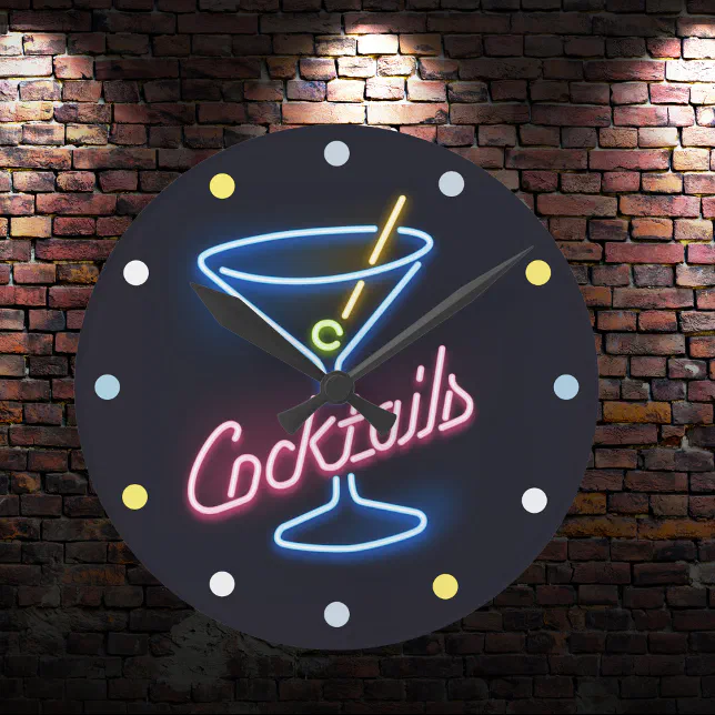 Neon Cocktails Home Bar Decor Den Wall Clock | Zazzle