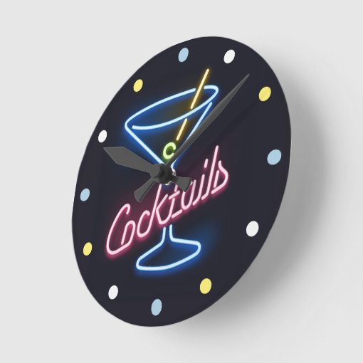 Neon Cocktails Home Bar Decor Den Wall Clock | Zazzle
