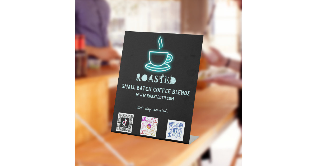 Neon Coffee Cup Social Media Scan Codes Pedestal Sign | Zazzle