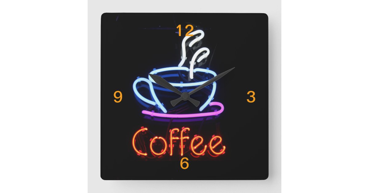 Neon Coffee Sign on Black Square Wall Clock | Zazzle