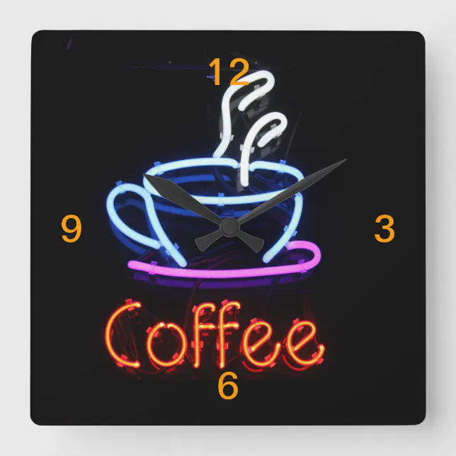 Neon Coffee Sign on Black Square Wall Clock | Zazzle