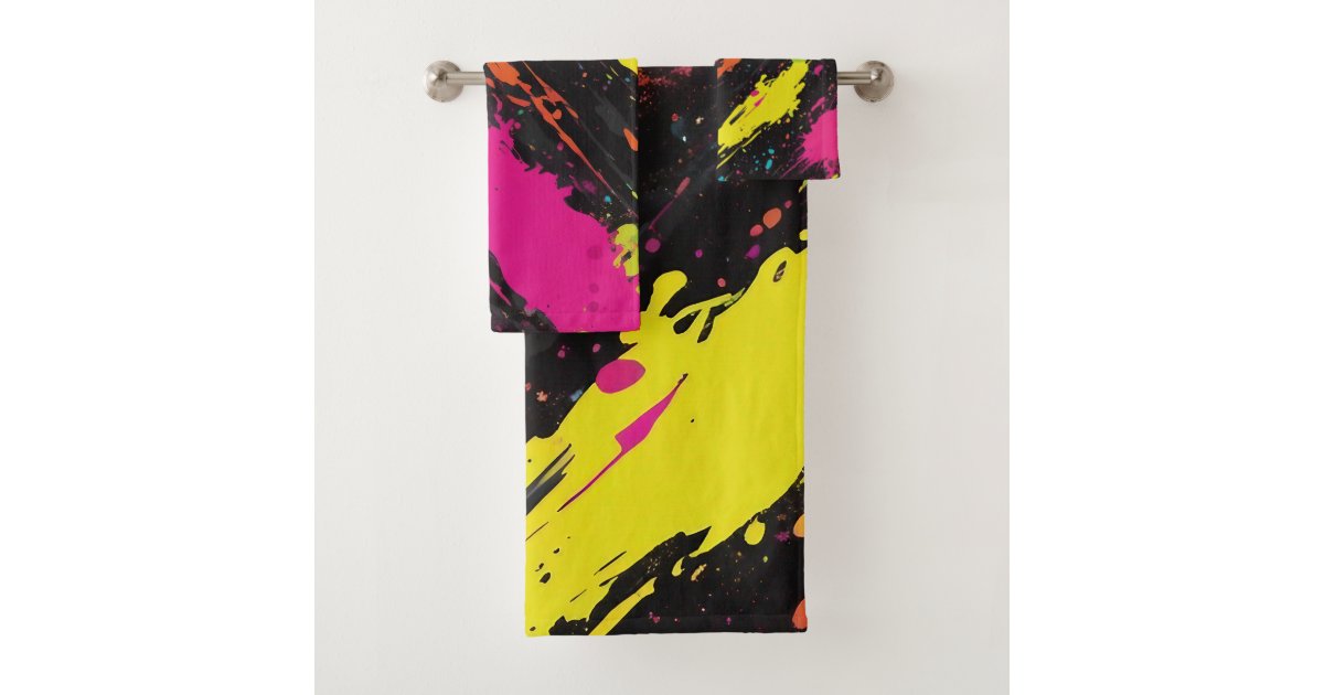Neon Colors Retro Paint Splatter Bath Towel Set | Zazzle