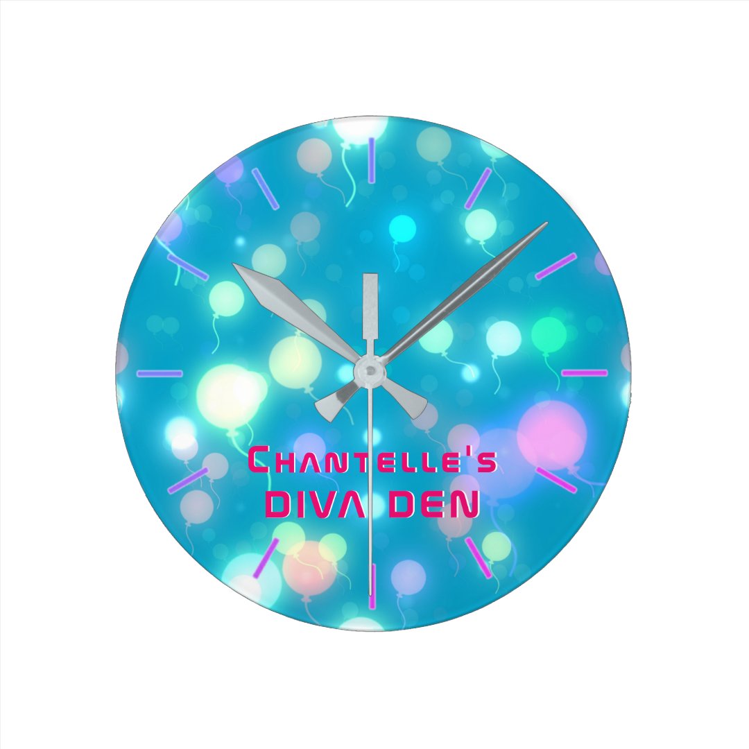 NEON DIVA DEN - Blue Lights Girls Personalized Round Clock | Zazzle