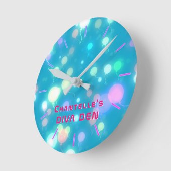 NEON DIVA DEN - Blue Lights Girls Personalized Round Clock | Zazzle