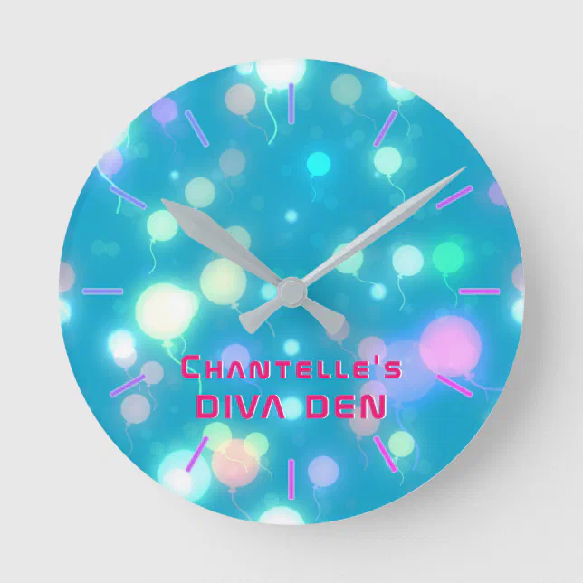 NEON DIVA DEN - Blue Lights Girls Personalized Round Clock | Zazzle