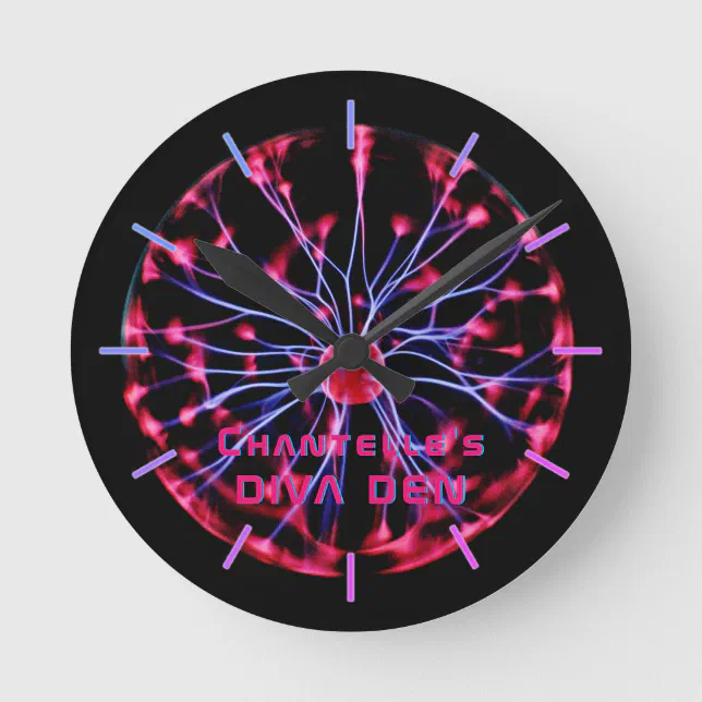 NEON DIVA DEN - Plasma Ball Personalized Round Clock | Zazzle