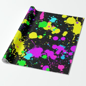 Neon, Faux Glow in the Dark, Paint Splatter Wrapping Paper | Zazzle