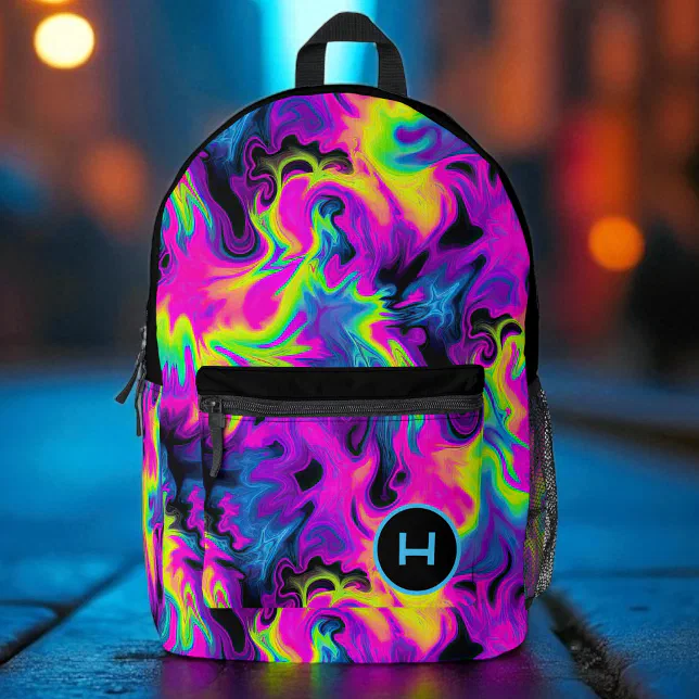 Neon Flame Tie Dye Monogram Printed Backpack | Zazzle