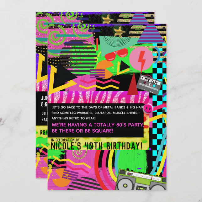 Neon Fun Bright Bold Colorful Funky 80's Party Invitation | Zazzle