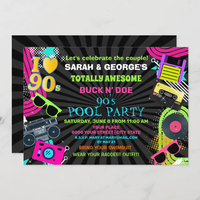 Neon Fun Couples Totally Awesome 90s Pool Party Invitation | Zazzle