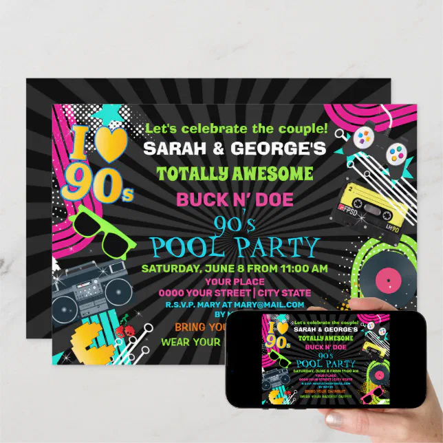 Neon Fun Couples Totally Awesome 90s Pool Party Invitation | Zazzle