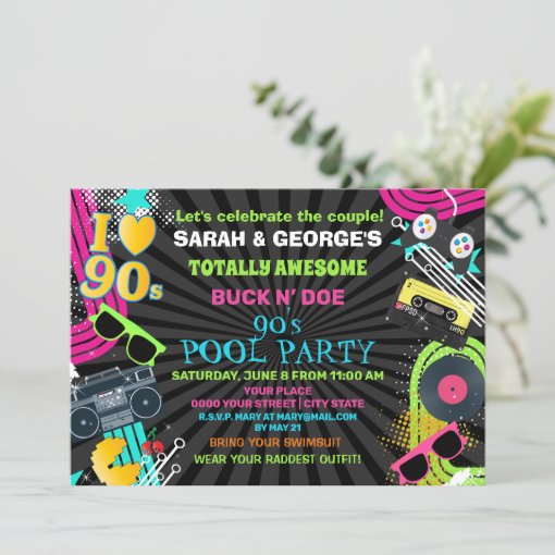 Neon Fun Couples Totally Awesome 90s Pool Party Invitation | Zazzle