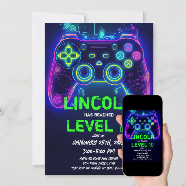 Neon Gamer Arcade Video Game Level Up Birthday Invitation | Zazzle