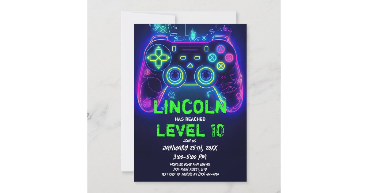 Neon Gamer Arcade Video Game Level Up Birthday Invitation | Zazzle
