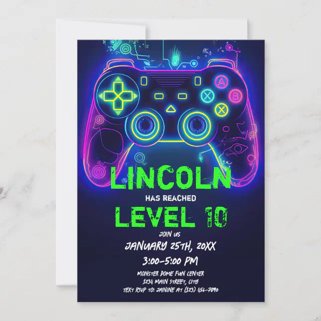 Neon Gamer Arcade Video Game Level Up Birthday Invitation | Zazzle