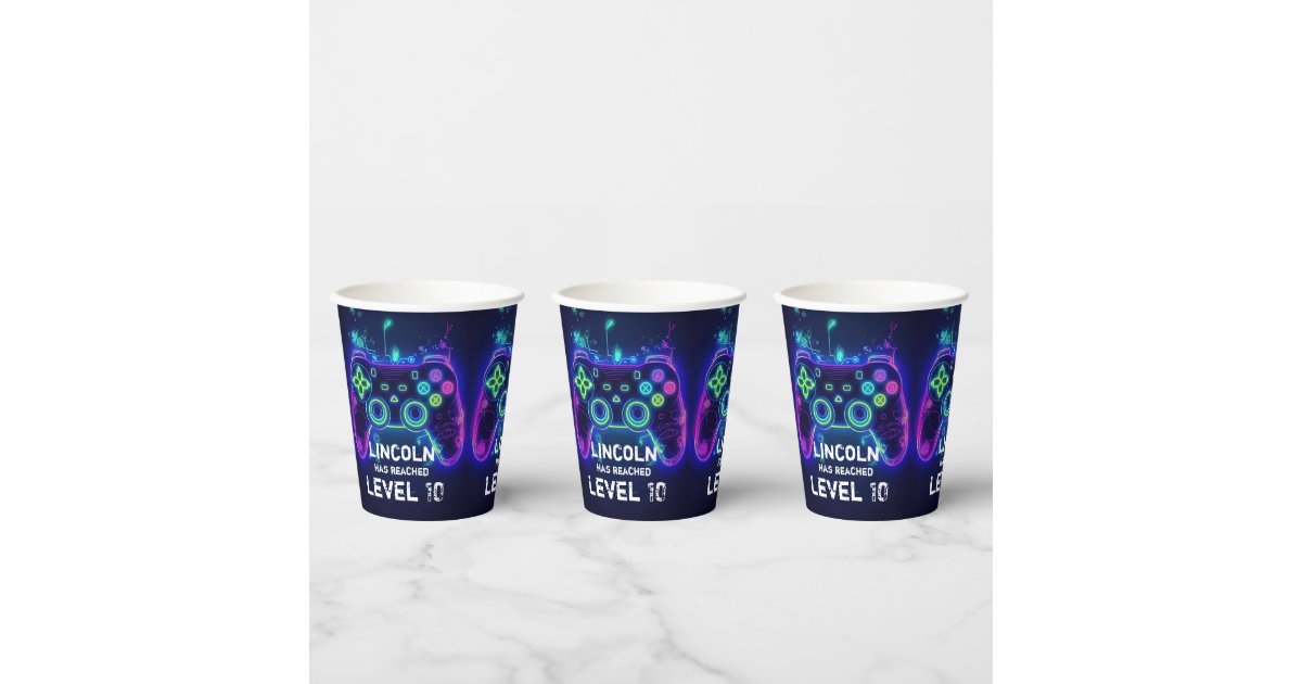 Neon Gamer Arcade Video Game Level Up Birthday Paper Cups | Zazzle