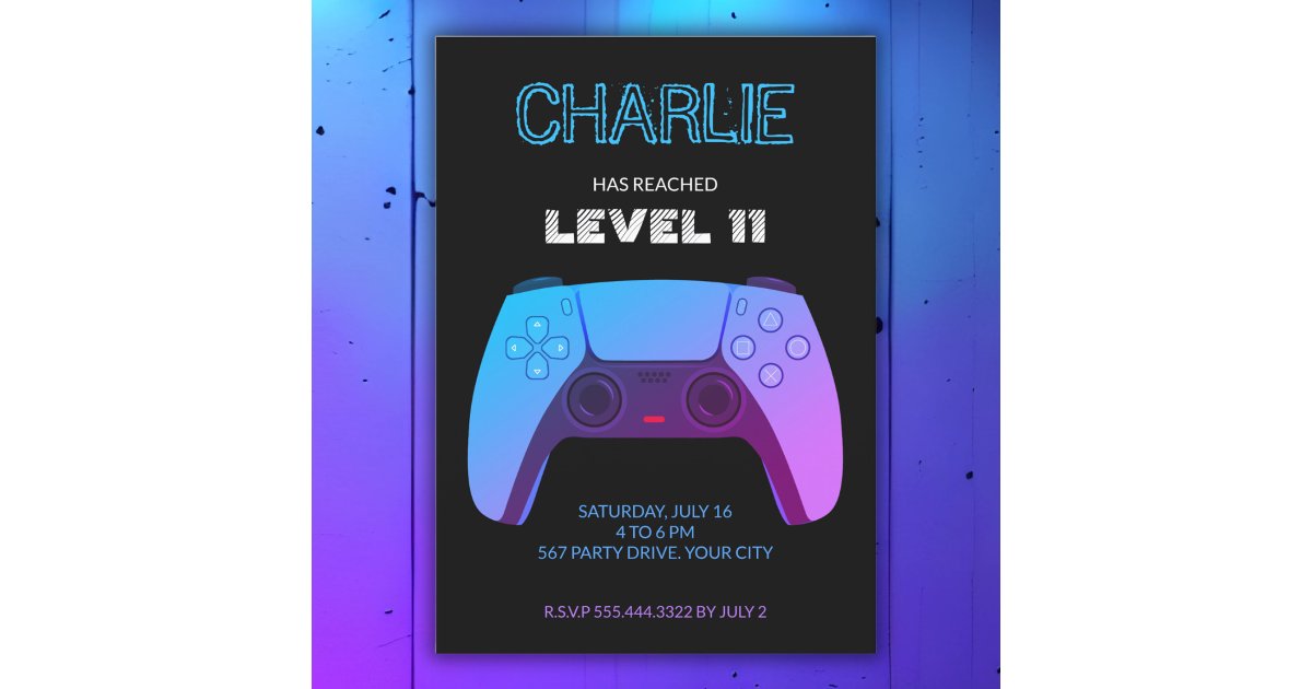 NEON GAMER CONTROLLER LEVEL UP INVITATION | Zazzle