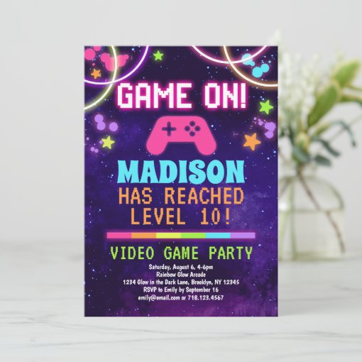 Neon Girls Video Game Birthday Party Invitation | Zazzle