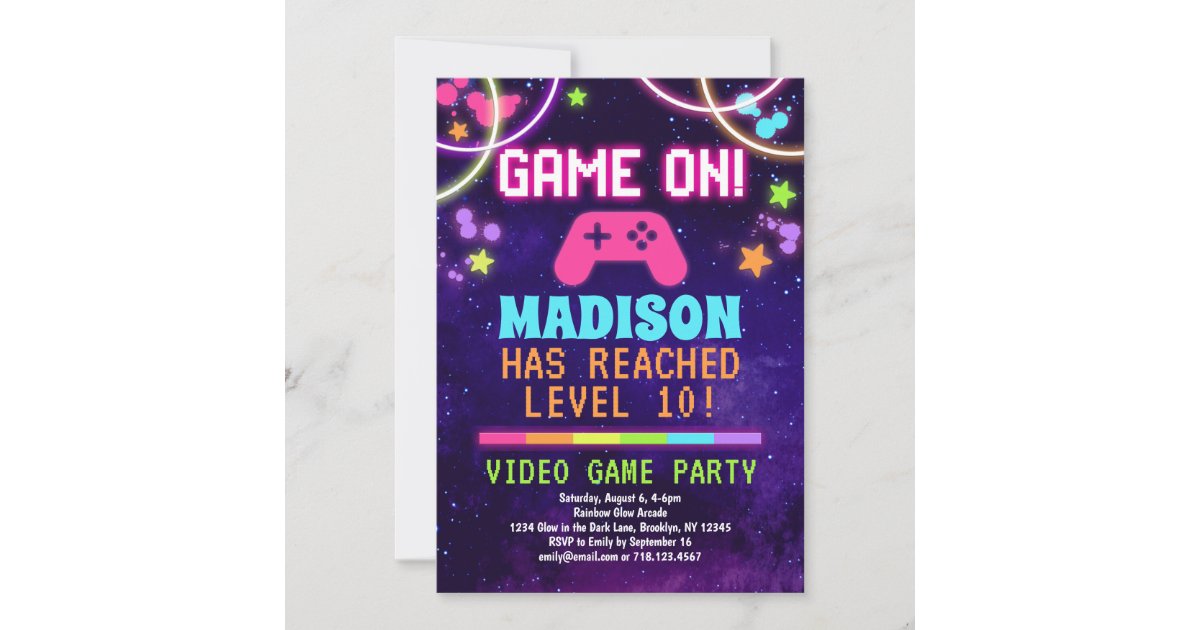 Neon Girls Video Game Birthday Party Invitation | Zazzle