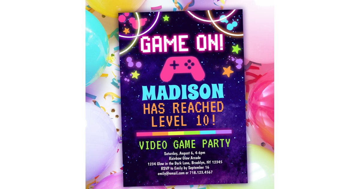 Neon Girls Video Game Birthday Party Invitation | Zazzle