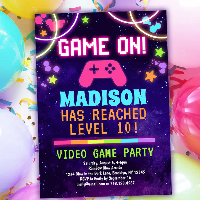 Neon Girls Video Game Birthday Party Invitation | Zazzle