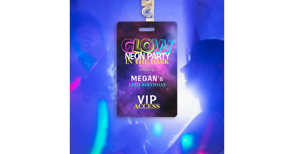 Neon glow birthday party VIP access invitation Badge | Zazzle