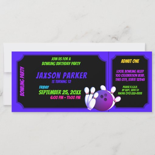 Neon Glow Bowling Party Birthday Ticket Invitation | Zazzle