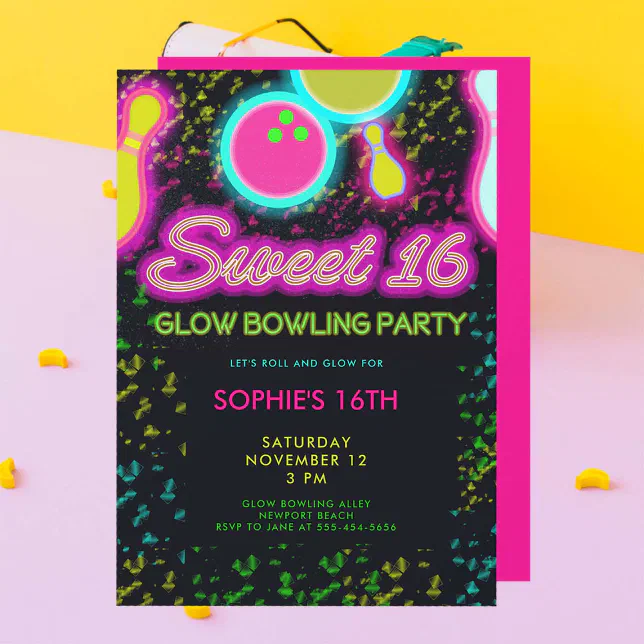 Neon Glow Bowling Party Girly Cute Sassy Sweet 16 Invitation | Zazzle