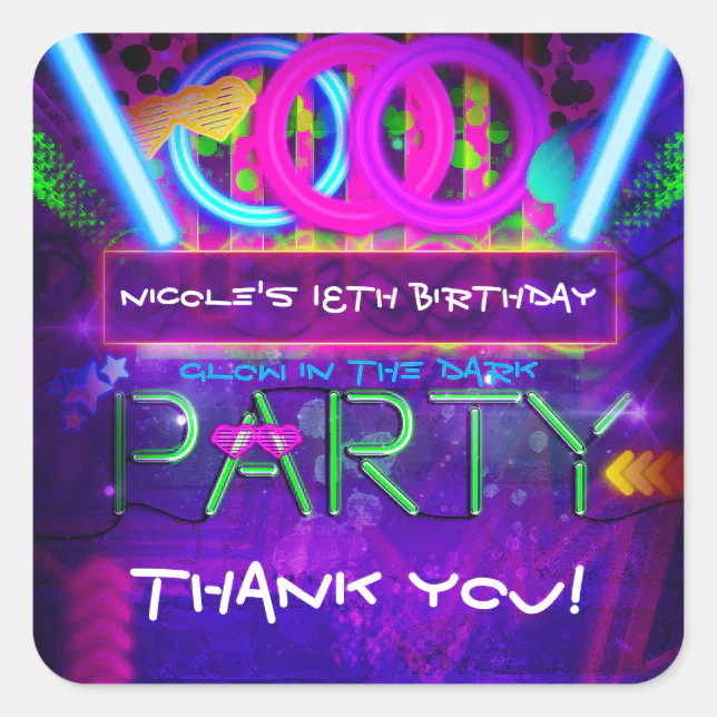 Neon Glow Club PARTY Birthday Favor Stickers | Zazzle